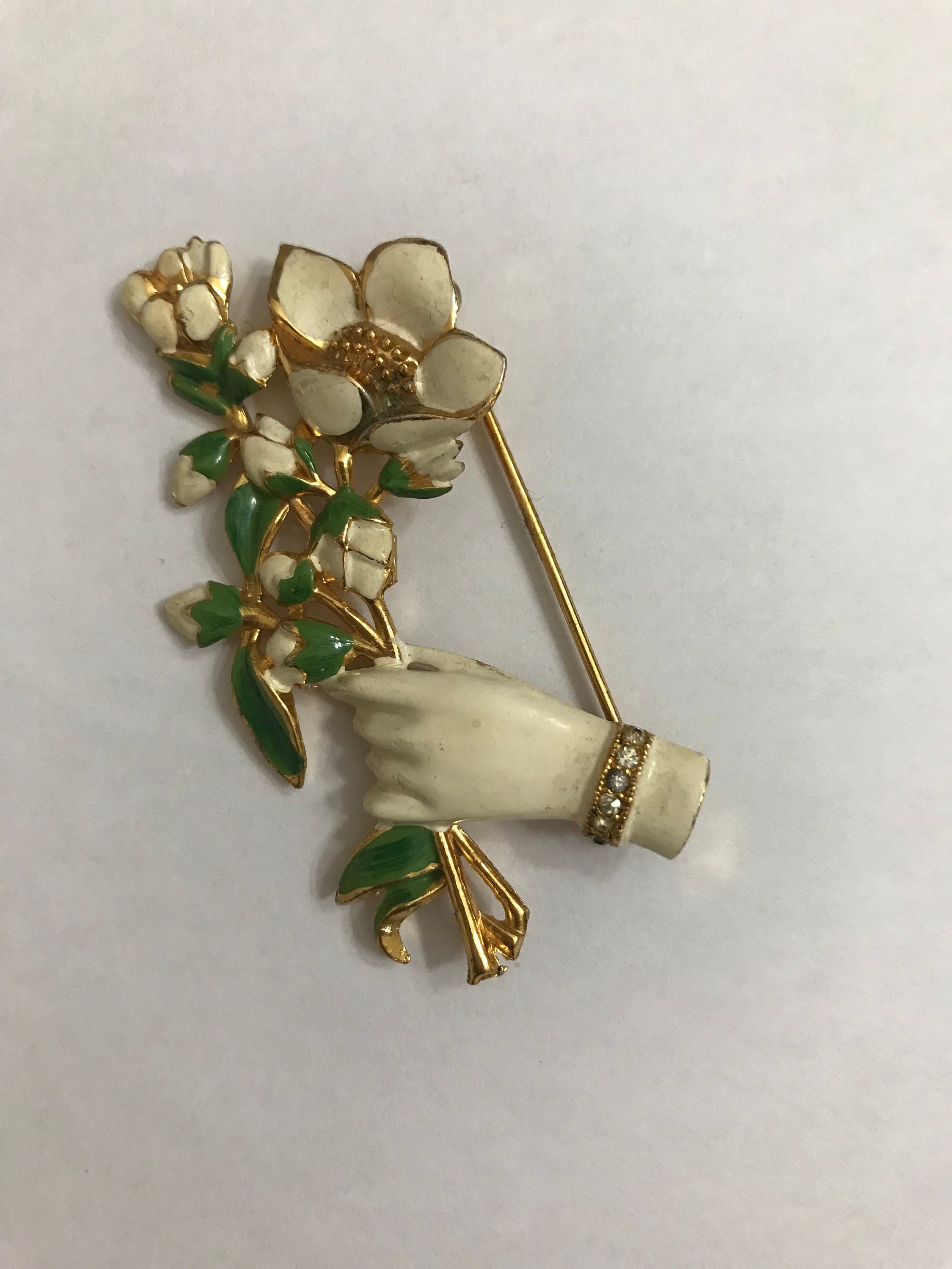 Spectacular Coro Script Hand Holding Flowers Brooch 1940's - Etsy
