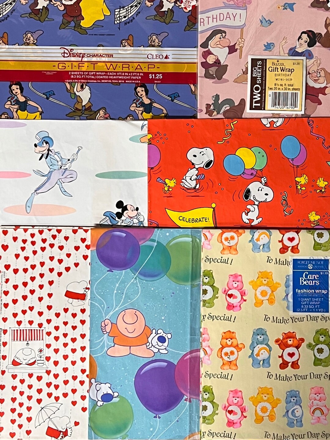 Vintage Lot of Cartoon Characters Gift Wrap. Lot of 7 Full Sheets 3 Cut ...