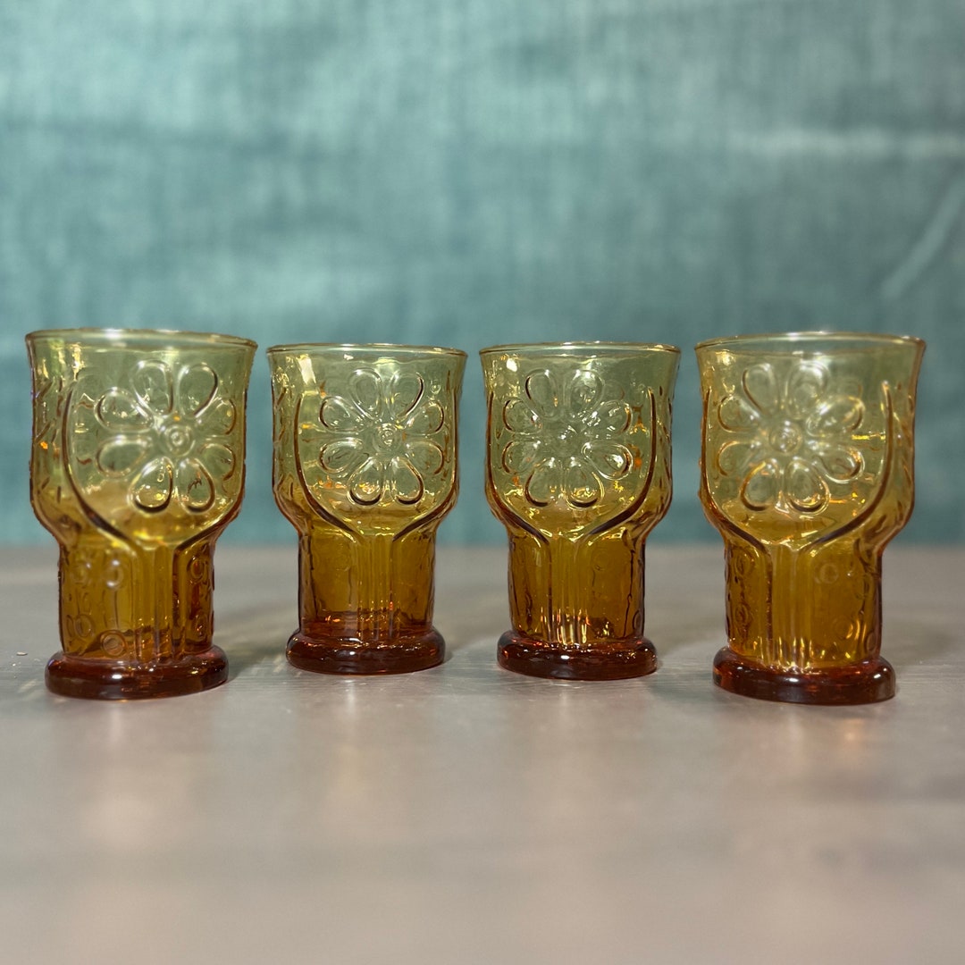 Vintage Libbey Country Garden Daisy Tumblers | 4 Inch Amber Gold ...
