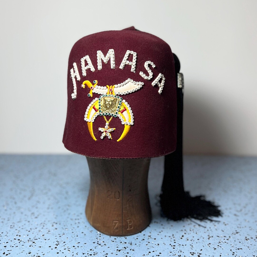 Vintage Shriner's "hamasa" Jeweled Burgundy Fez Hat With Black Tassel ...