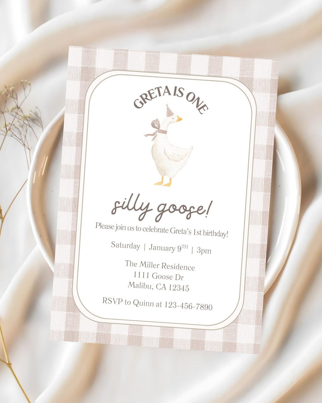 Silly Goose First Birthday Invitation Template | Gingham Photo Invite ...