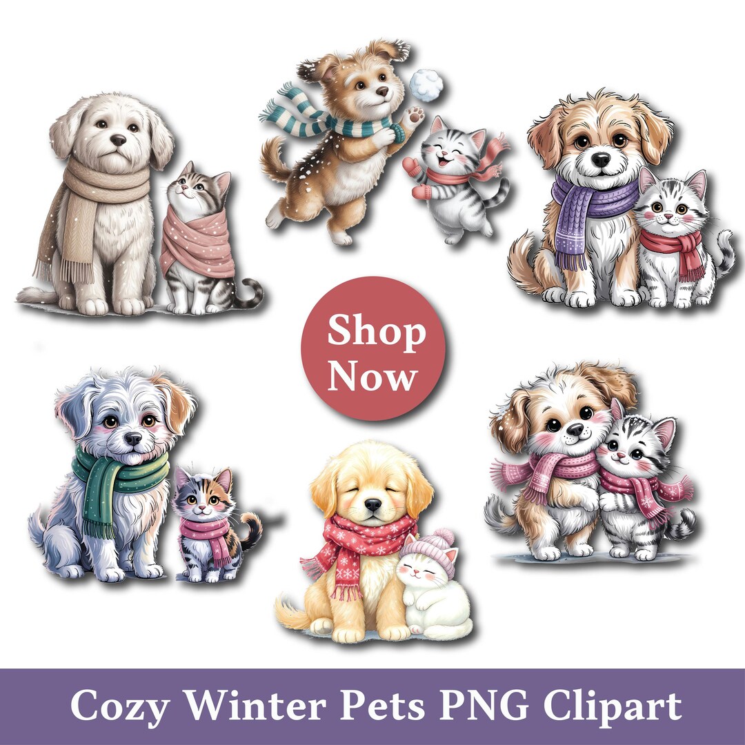 Cozy Winter Pets PNG Clipart, Dog and Cat AI Art, Kids Illustration ...