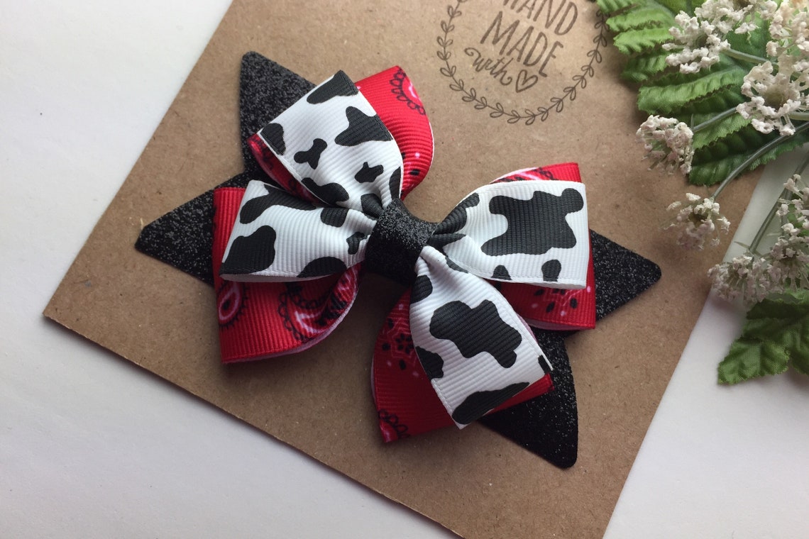 Cow Hair Bow Glitter Cowgirl Hair Bow. Cow and Red - Etsy