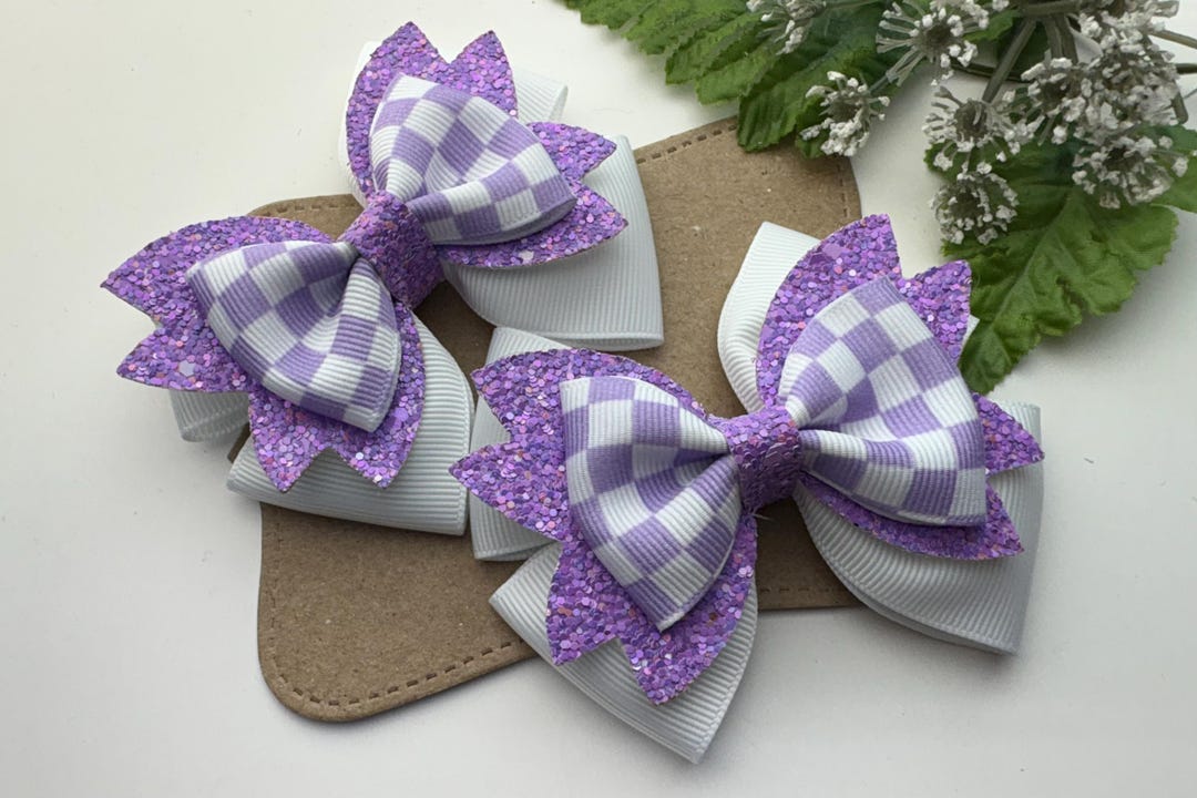 Purple and White Pigtail Glitter Hair Bow , Set of 2 Lavender Checker ...