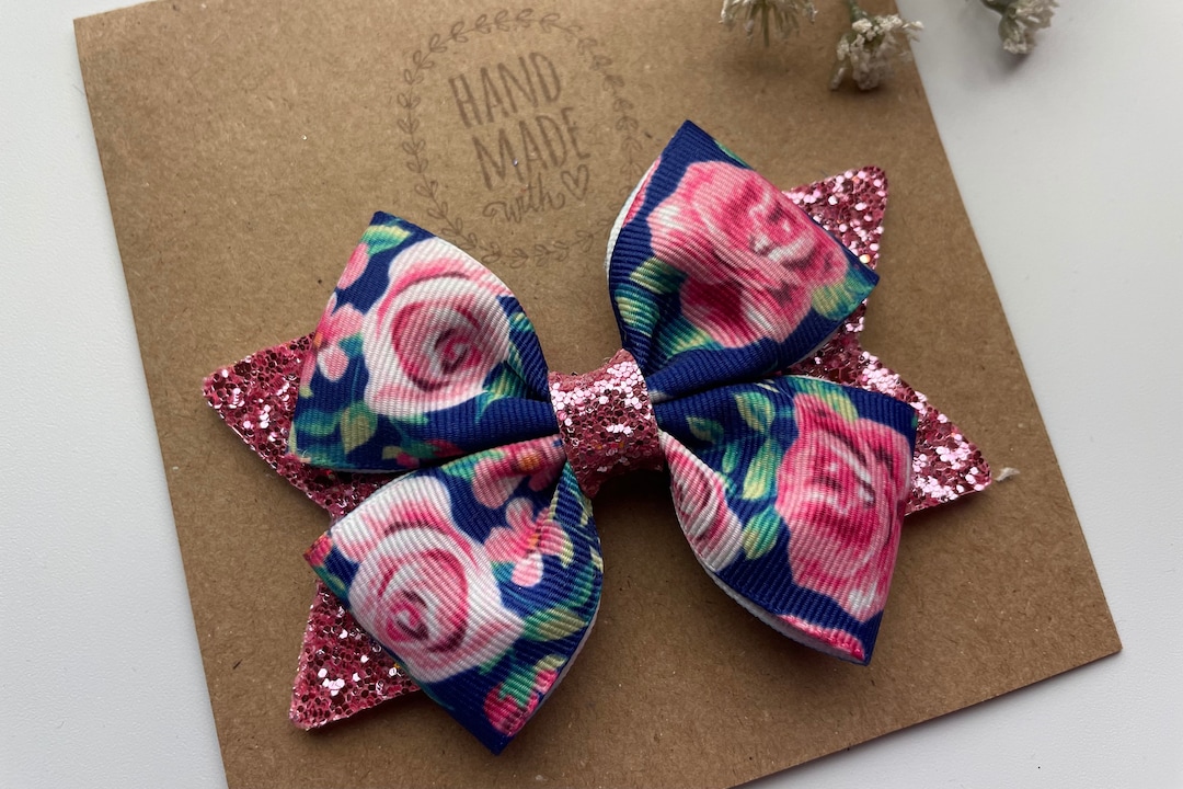 Rose Flower Hair Bow , Navy and Pink Hair Clip , Girls Hair Accessories ...