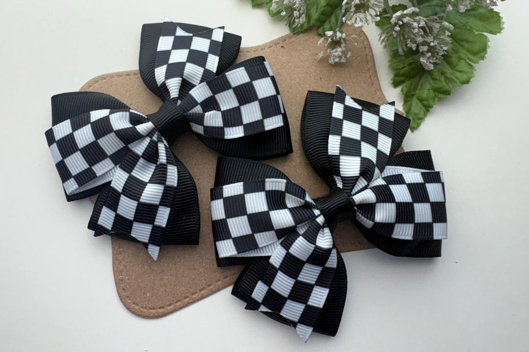 Pinwheel Racing Pigtail Hair Bows , Set of Two Checker Flag Hair Bows ...