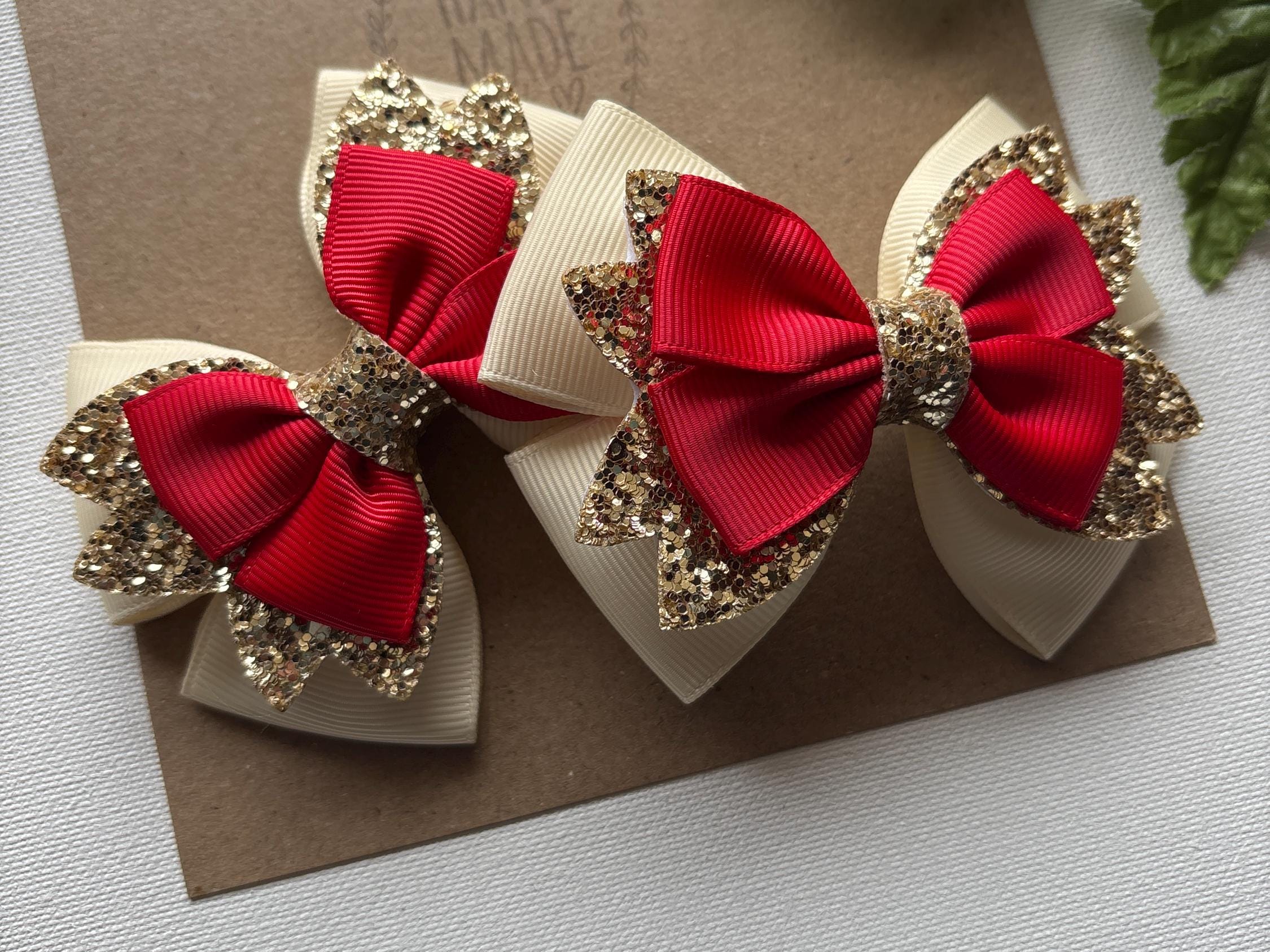Red Gold and Ivory Pigtail Hair Bows , Christmas Hair Bows , Christmas ...