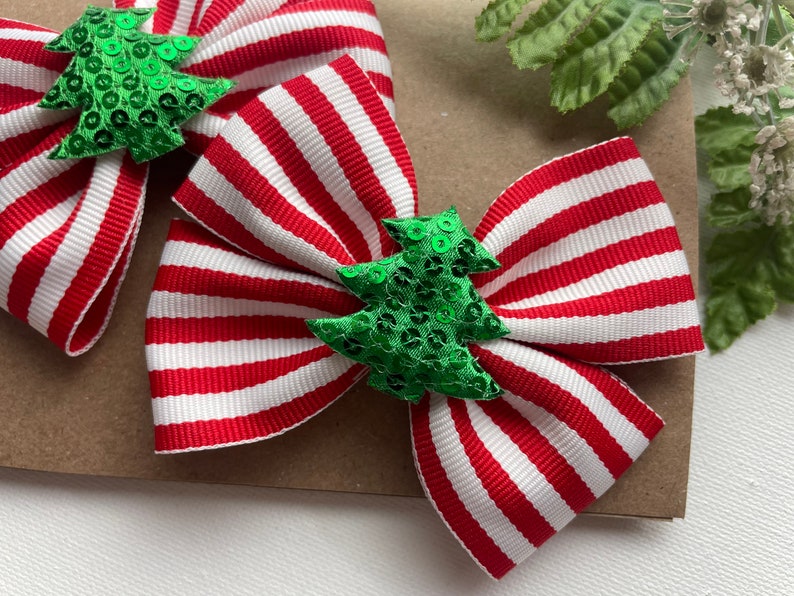 Red and White Striped Christmas Tree Pigtail Hair Bows , 3” Set of Two ...