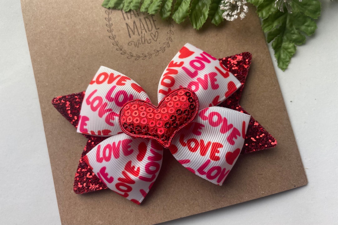 Love Valentine’s Day Hair Bow , Red Pink and White , Heart Hair Bow ...