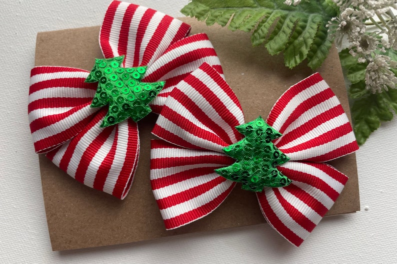 Red and White Striped Christmas Tree Pigtail Hair Bows , 3” Set of Two ...