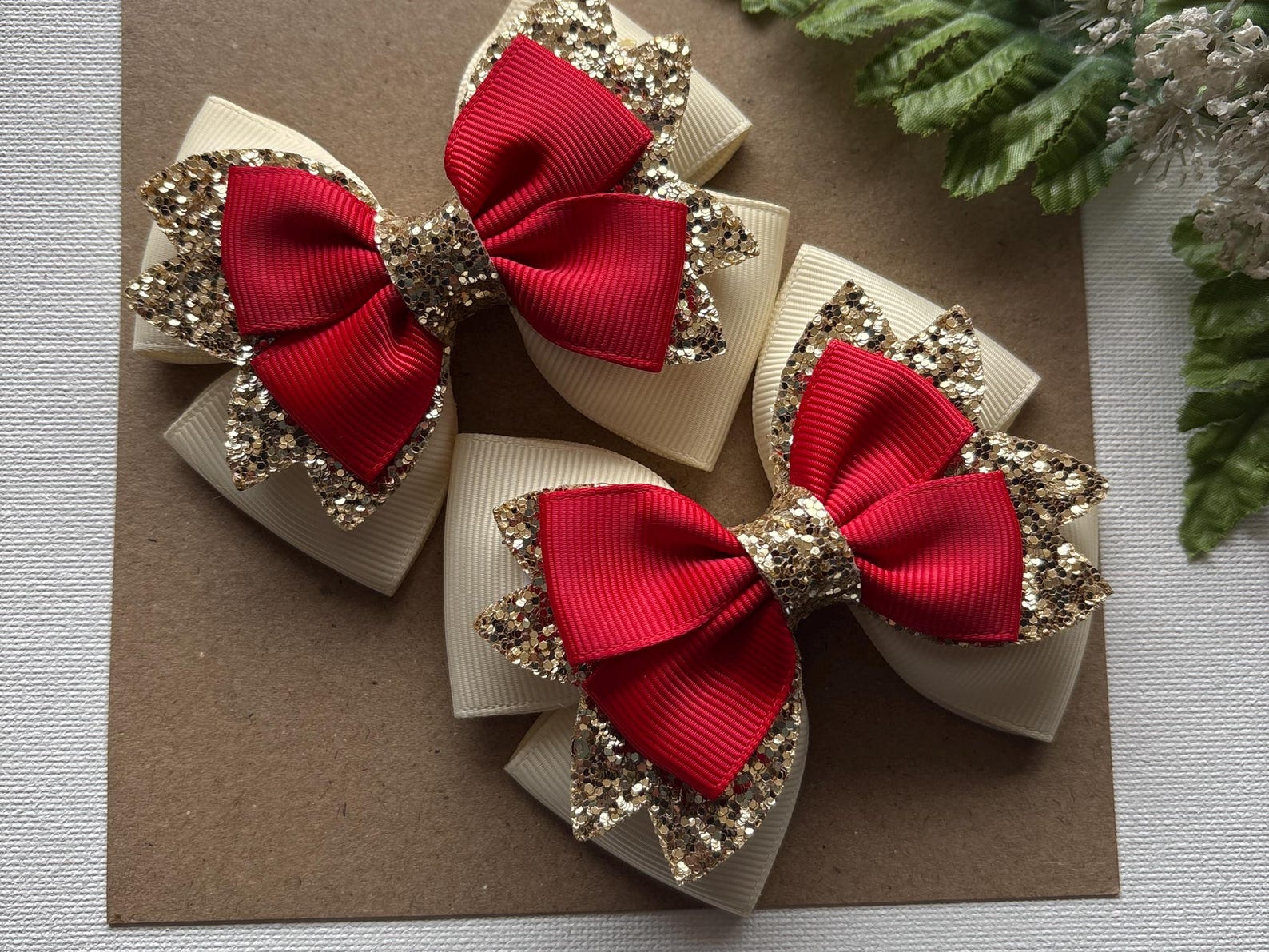 Red Gold and Ivory Pigtail Hair Bows , Christmas Hair Bows , Christmas ...