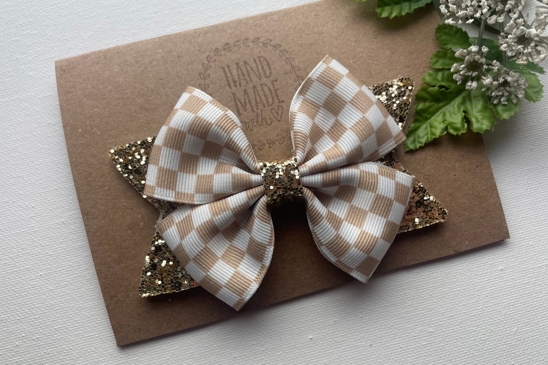 Tan and Gold Checker Hair Bow , White and Tan Glitter Hair Clip ...