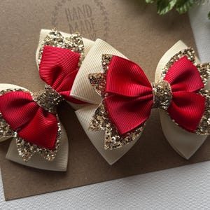 Red Gold and Ivory Pigtail Hair Bows , Christmas Hair Bows , Christmas ...