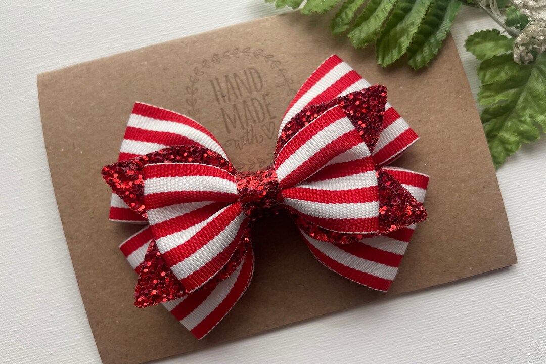 Classic Red Striped Hair Bow – 4” Sparkly Boutique Bow for Girls - Etsy