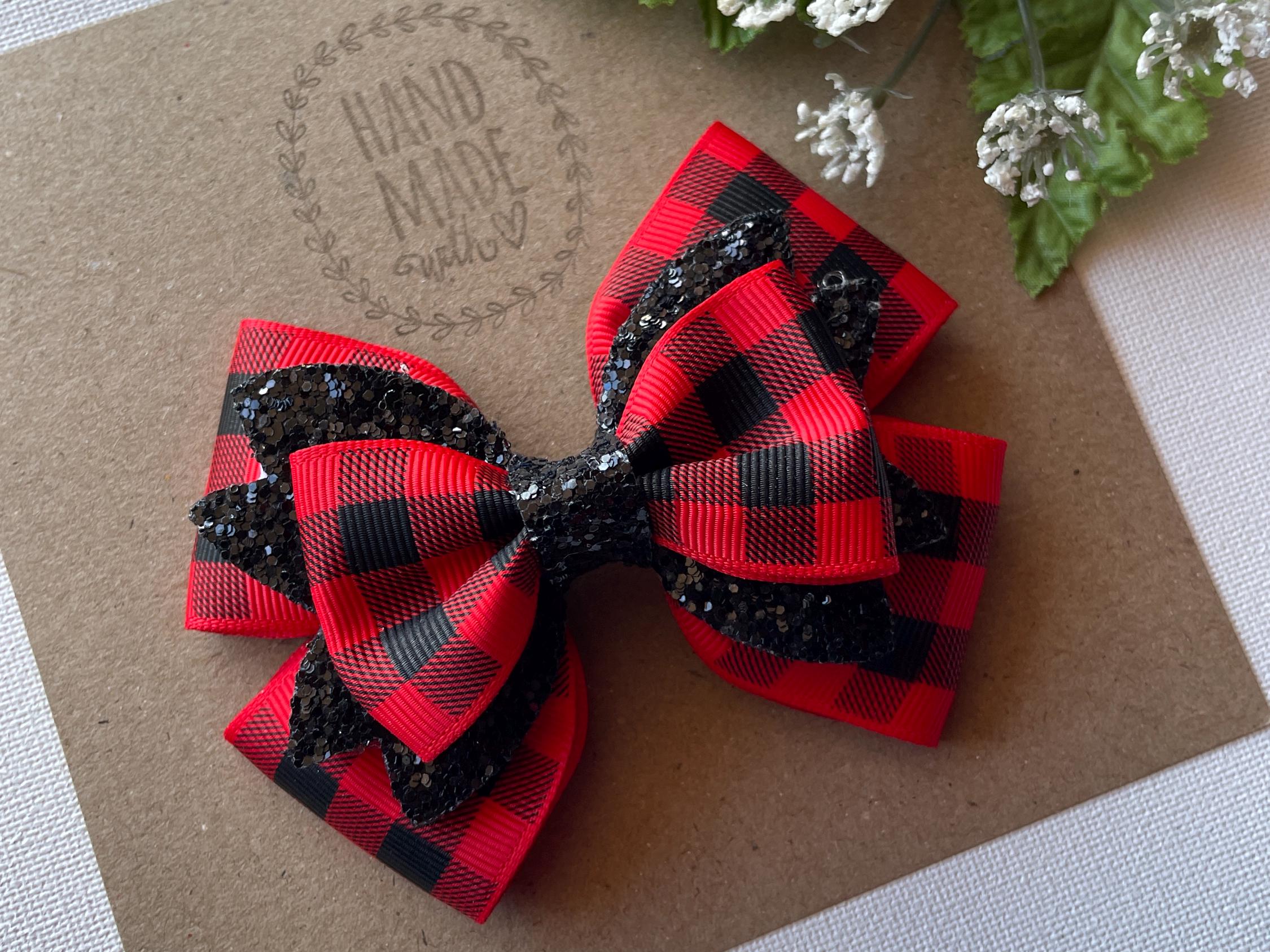 Red and Black Buffalo Plaid Glitter Hair Bow , 4“ Gingham Hair Clip ...