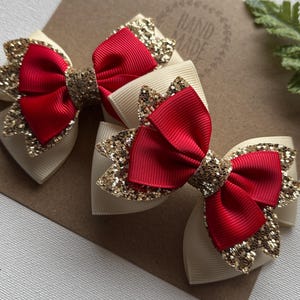 Red Gold and Ivory Pigtail Hair Bows , Christmas Hair Bows , Christmas ...