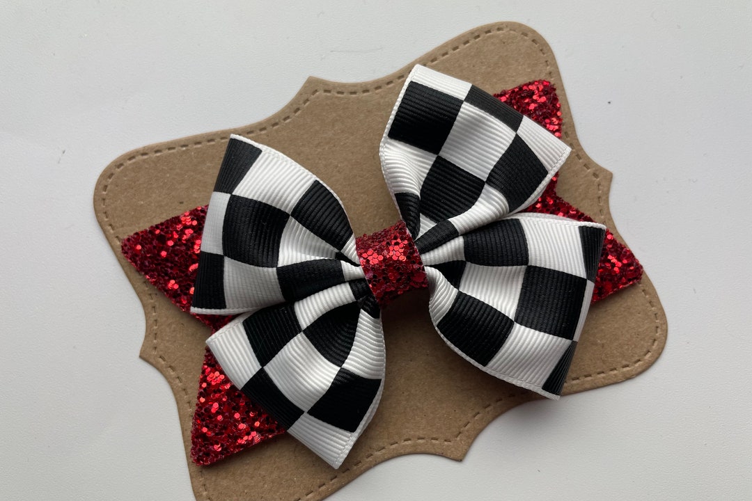 Red Glitter Racing Hair Bow , Checker Flag Bow , Glitter Racing Hair ...