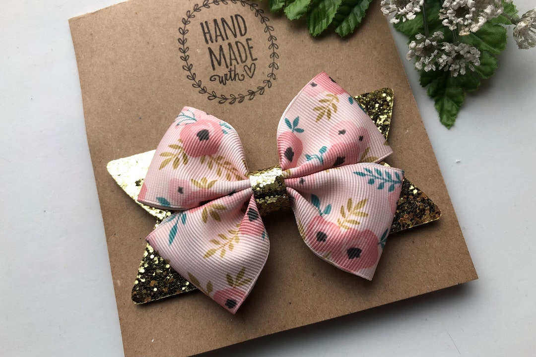 Pink and Gold Flower Hair Bow , Girls Hair Accessories, 4” Glitter Hair ...