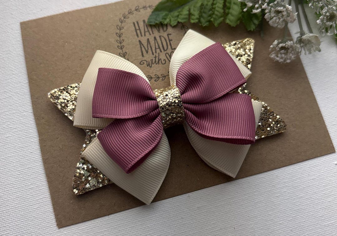 Ivory Mauve and Gold Hair Bow , Pink Hair Clip , Mauve Bow for Girls ...