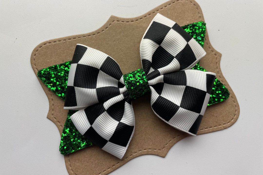 Green Racing Hair Bow , Checker Flag Bow , Green Glitter Racing Hair ...