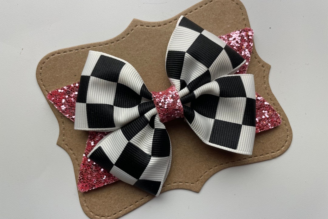 Pink Glitter Racing Hair Bow , 4” Checker Flag Hair Clip - Etsy