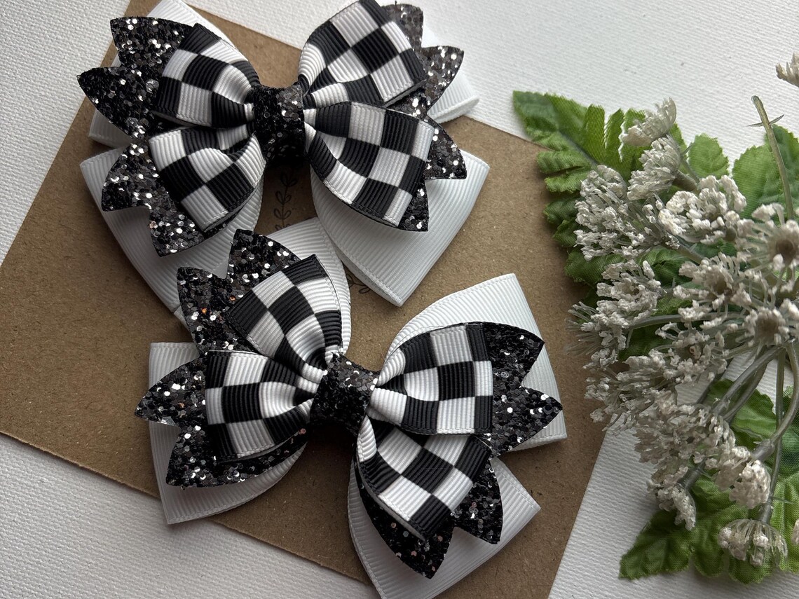 Racing Pigtail Hair Bows ,glitter Checker Flag Piggy Bows , Race Day ...
