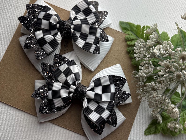 Racing Pigtail Hair Bows ,glitter Checker Flag Piggy Bows , Race Day ...