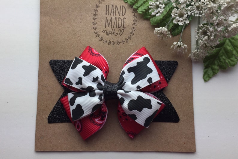 Cow Hair Bow , Glitter Cowgirl Hair Bow. , Cow and Red Bandanna Bow ...