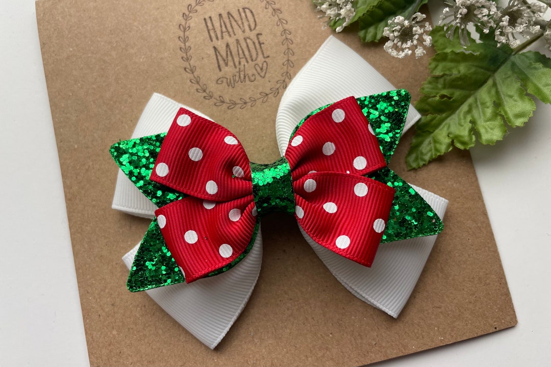 Christmas Hair Bow , Red Swiss Dot Green and White Christmas Hair Clip ...