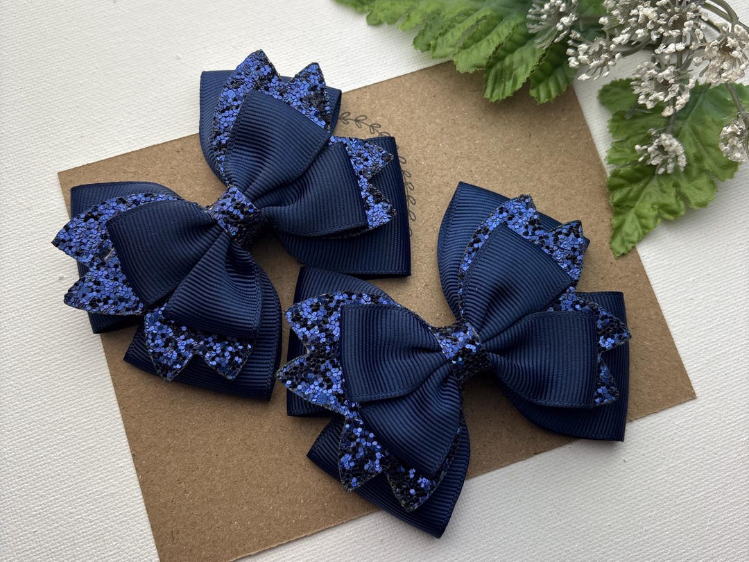 Navy Pigtail Hair Bows , Navy Blue Hair Bows , Navy Bows for Girls ...