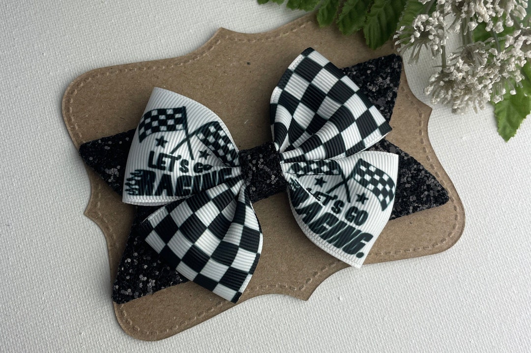 Racing Hair Bow , 4 Checker Flag Bow , Pink Hair Bow Boutique Exclusive ...