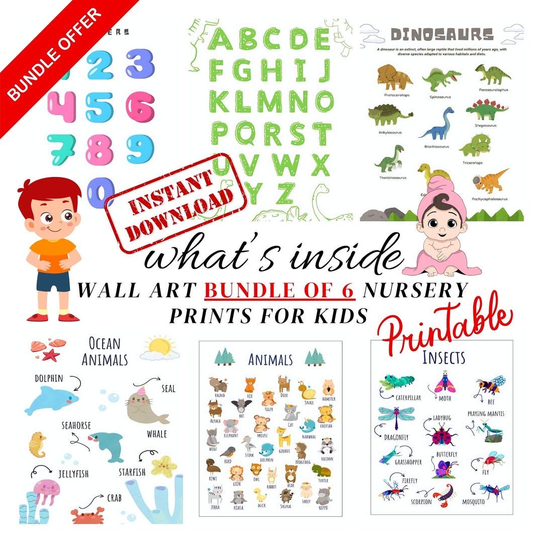 Kids Printable Wall Art Bundle, ABC, 123, Animals, Dinosaurs, Ocean ...