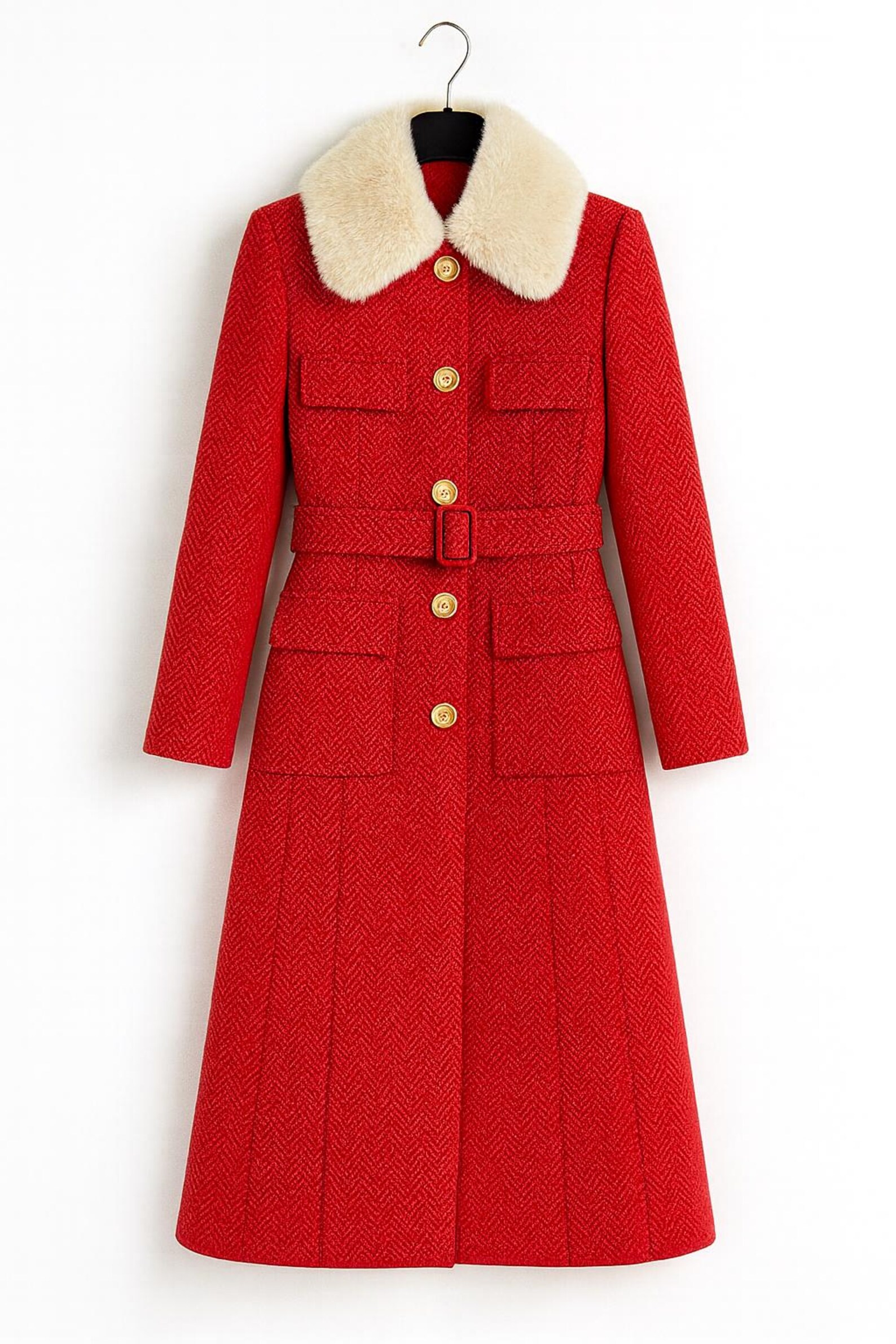 Red Christmas Trench Coat With Faux Fur Collar – Elegant Warm Winter ...