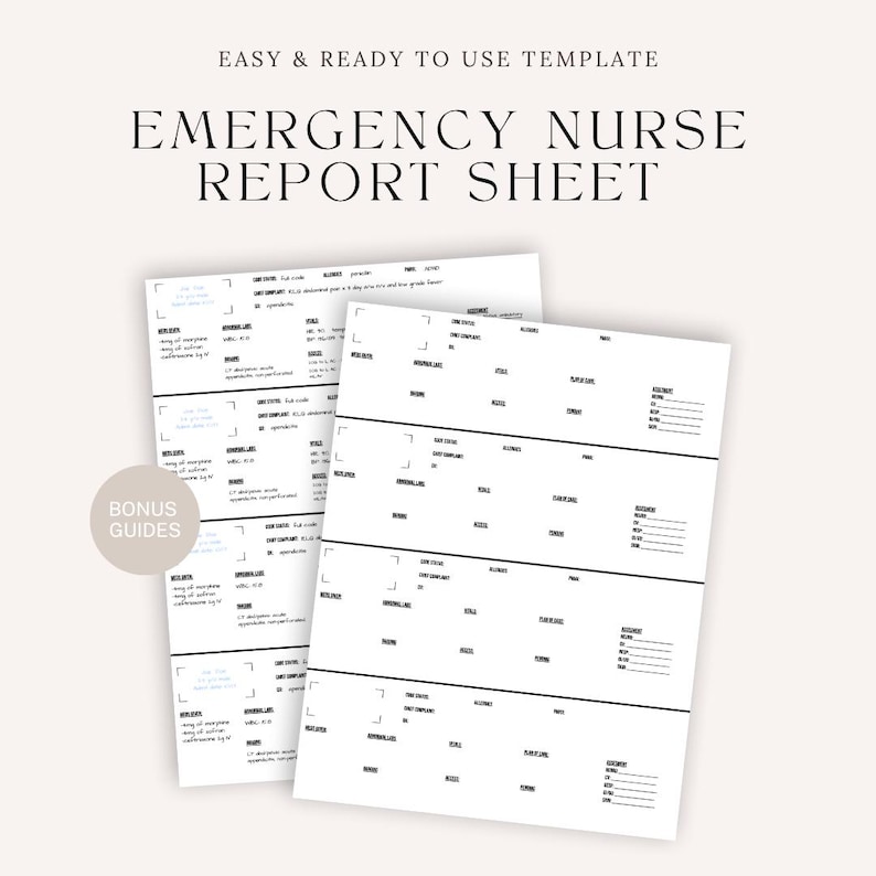 Emergency Nurse ER Nurse Report Sheet | 4-8 Patients Customizable RN ...