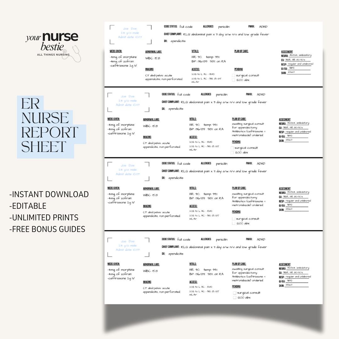 Emergency Nurse Er Nurse Report Sheet 4 8 Patients Customizable Rn