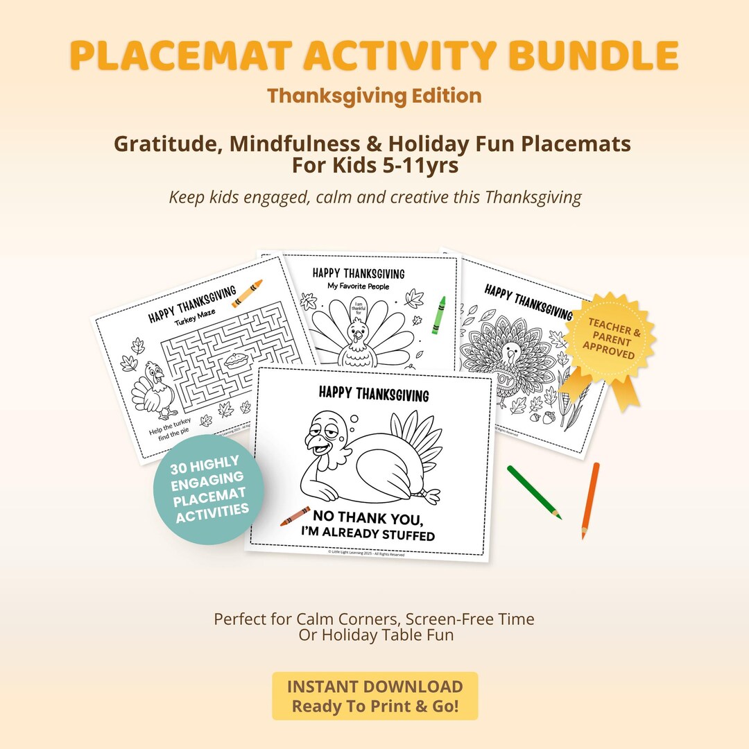 Thanksgiving Activity Placemat Bundle | Kids' Coloring & Activity Pages ...