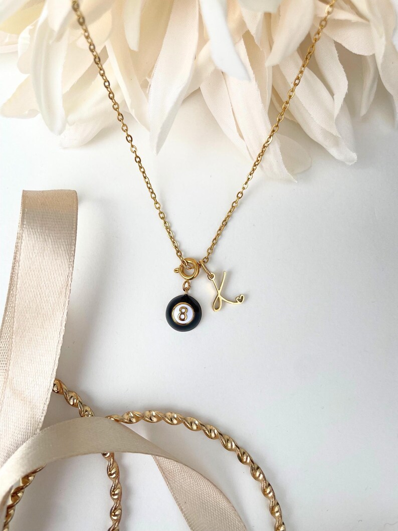 Gold 8 Ball Necklace Billiards Charm - Optional Initial & Birthstone ...