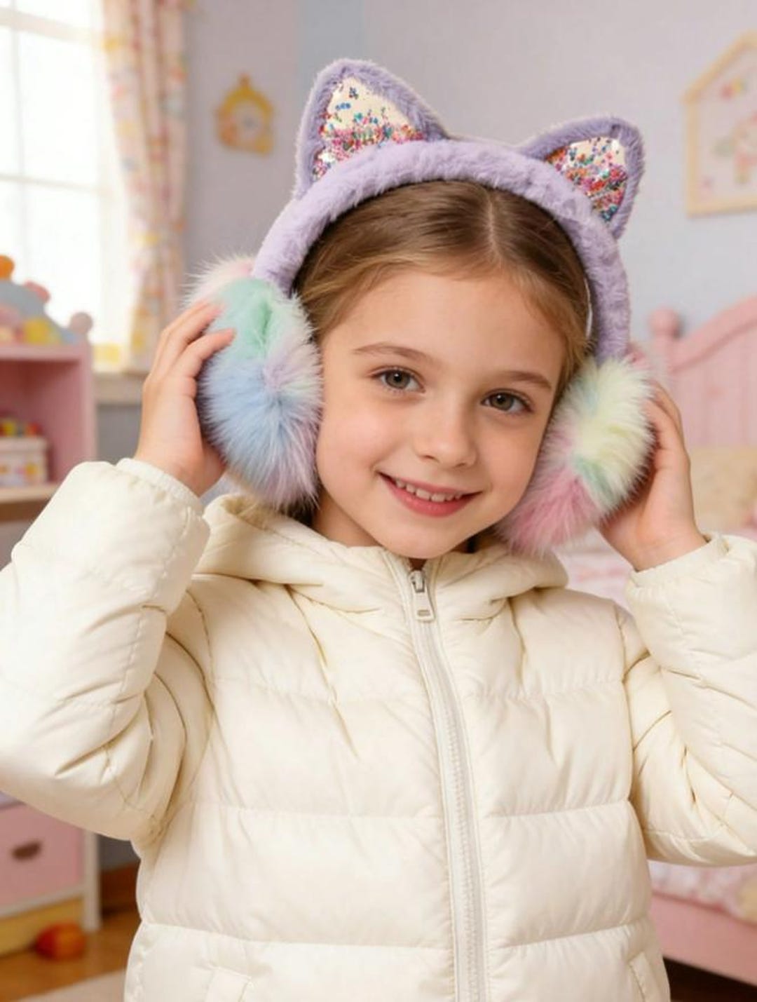 Rainbow Cat Ear Plush Earmuffs for Girls | Colorful Glitter Winter Ear ...