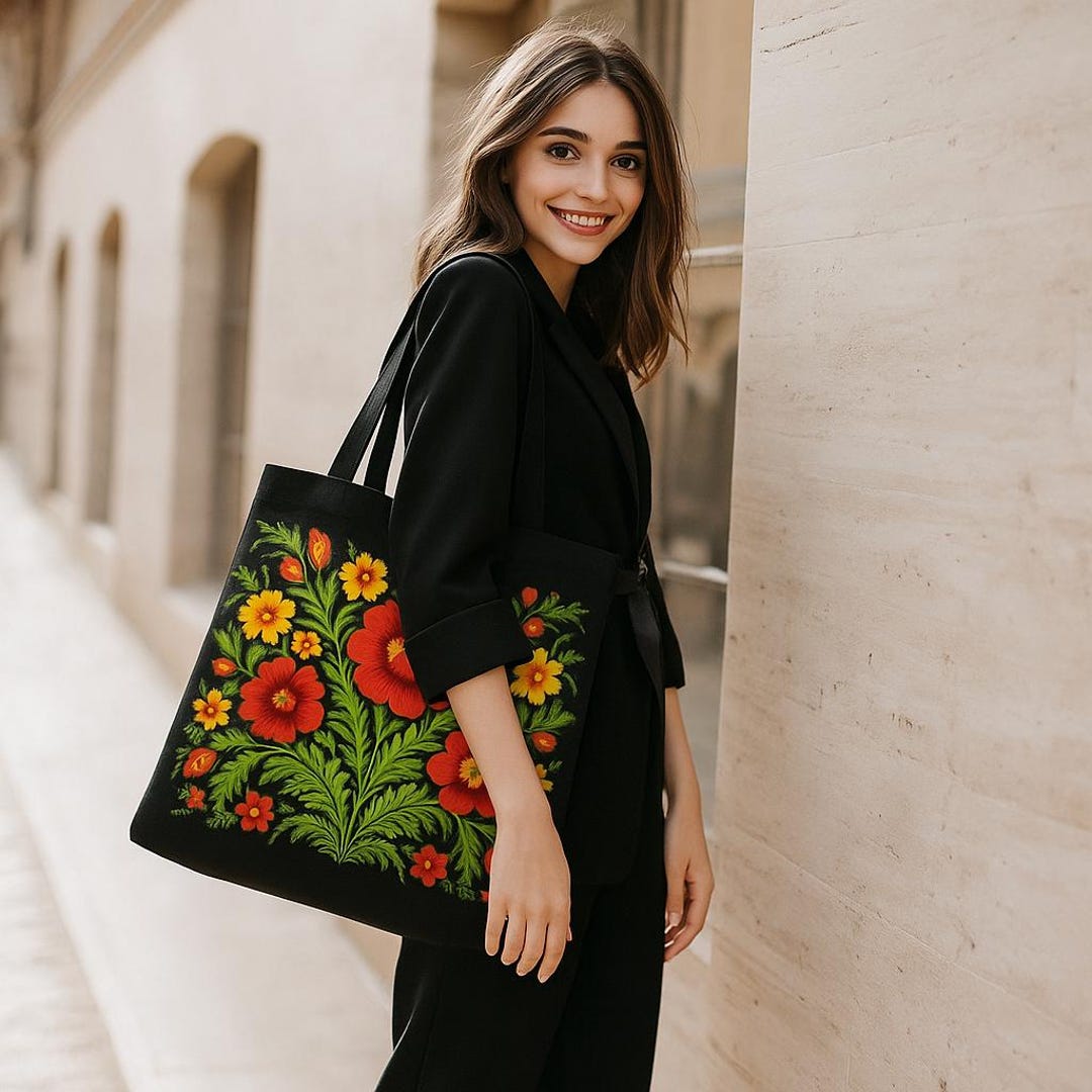 Red Poppy Folk Floral Tote Bag | Rustic Botanical Pattern Petrykivka ...