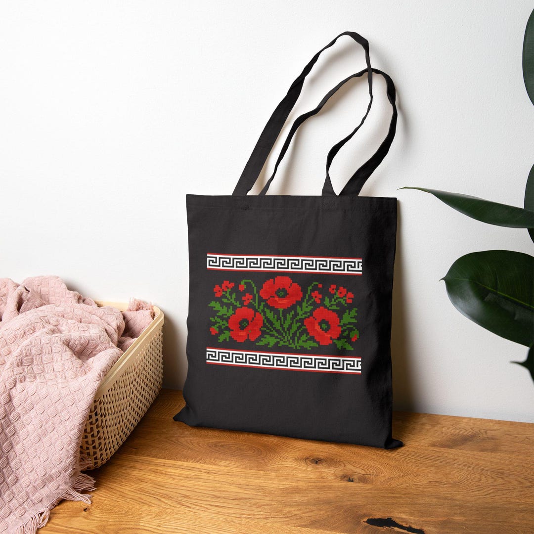 Red Poppy Floral Pattern Tote Bag | Embroidered Style Cotton Canvas - Etsy