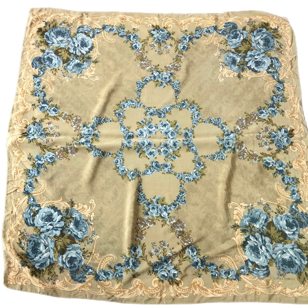 Vintage Laura Ashley Silk Scarf, Roses, Green and Blue, Hand Rolled ...