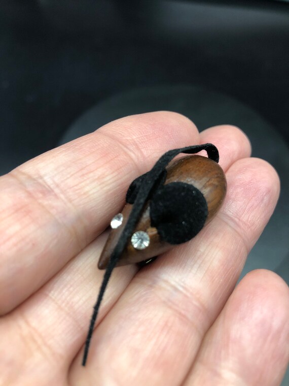 Vintage Denmark teak mouse wooden pin, rhinestone eye… - Gem