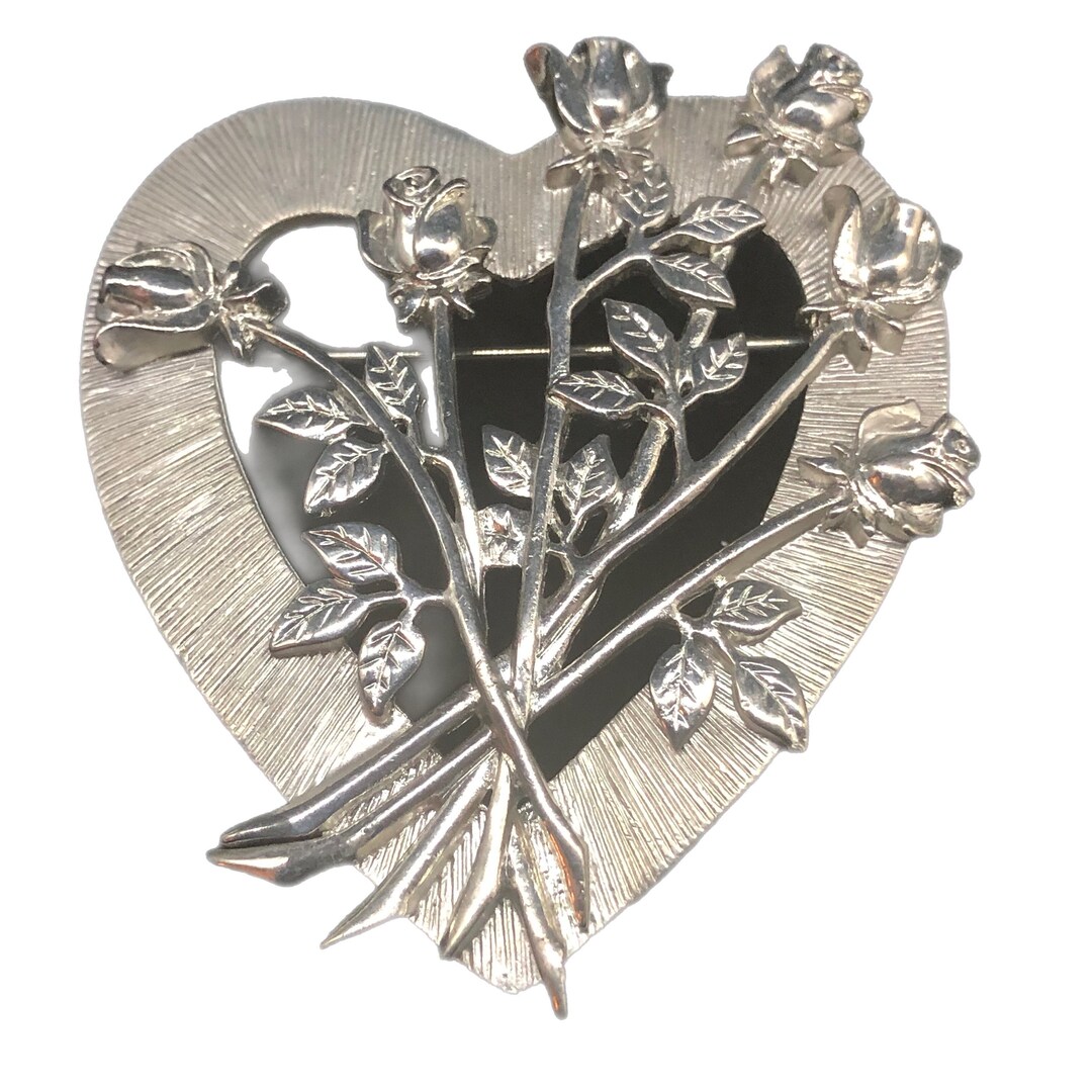 Vintage Heart J.J. Pin, Silver Tone Heart Brooch With Roses Pin, 1980 ...