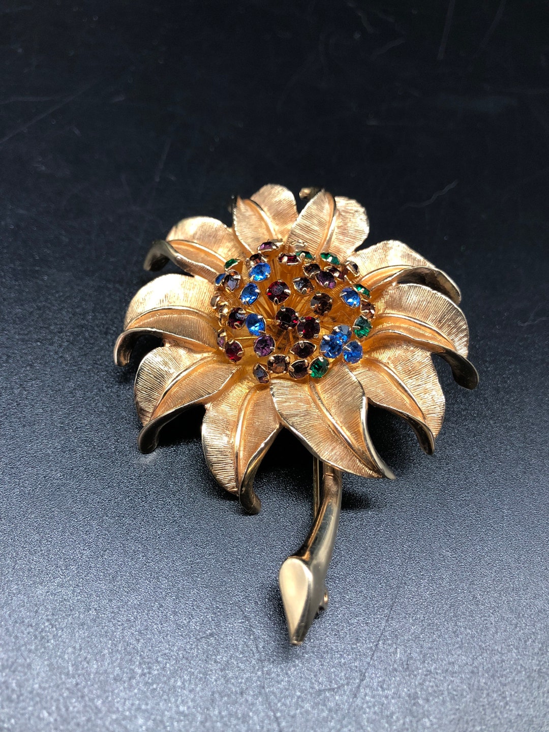 Vintage Sunflower Gold Tone and Colored Rhinestone Sunflower Brooch/pin ...