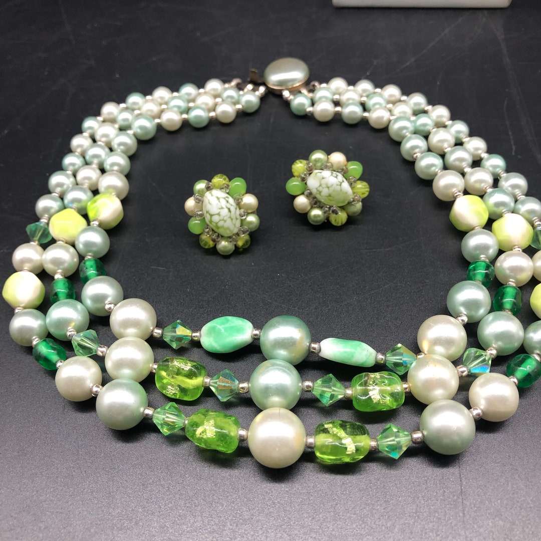 Vintage Green Jewelry Set, Tri Green Faux Pearl Textured Graduated ...