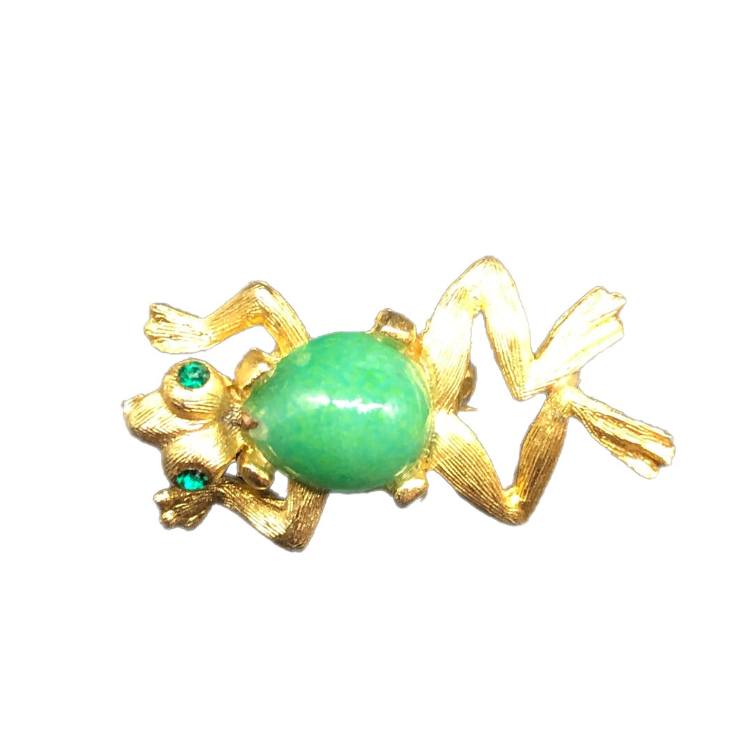 Vintage Frog Green Jelly Belly Pin Green Rhinestones Eyes Unmarked Gold Tone 1960 1980