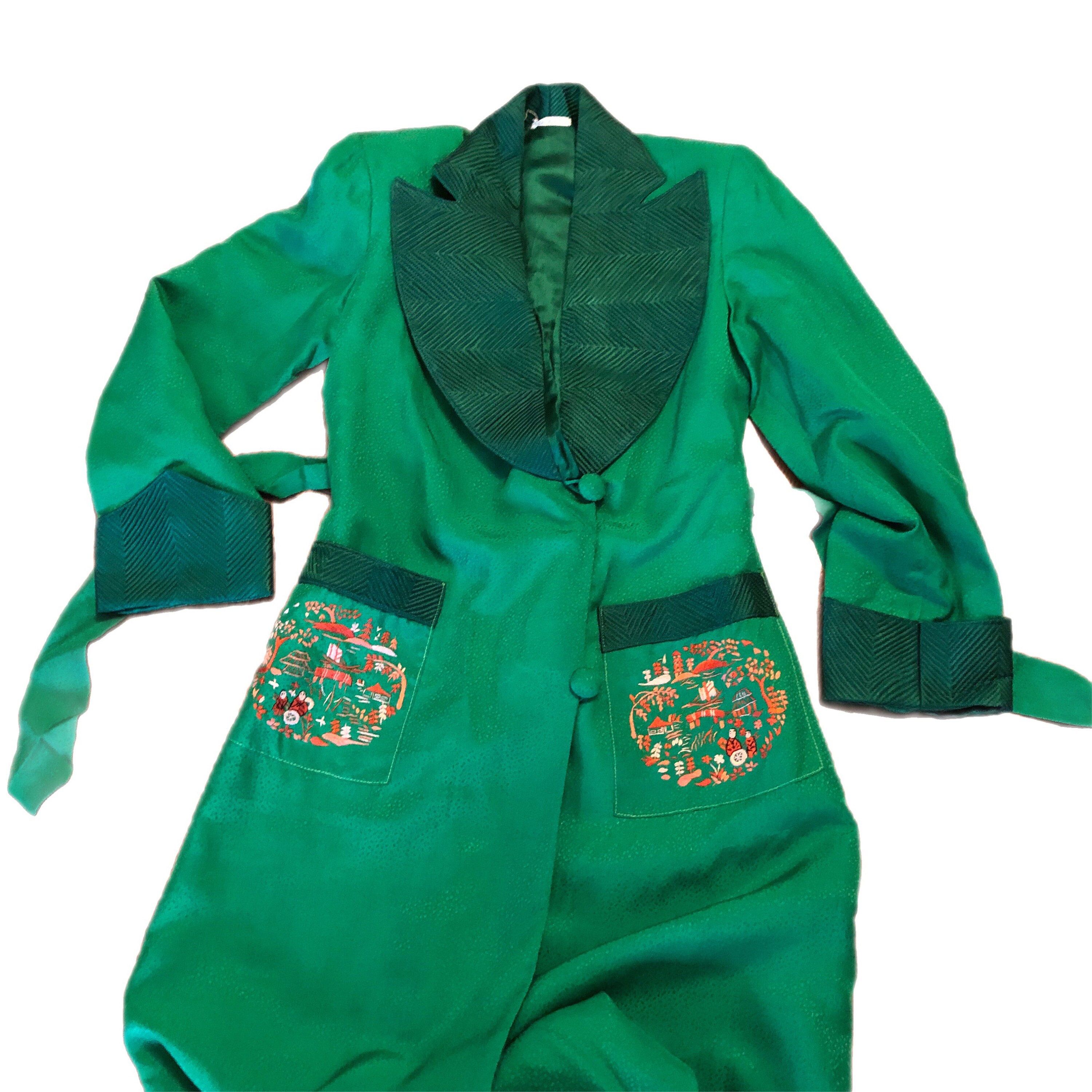 Vintage Green Embroidered Silk Duster Robe, 1950s Sleepwear, Loungewear ...