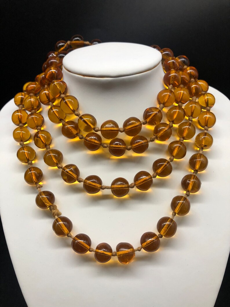 Antique Amber Glass Stranded Round Beads Long Necklace 46/heavy/knotted ...