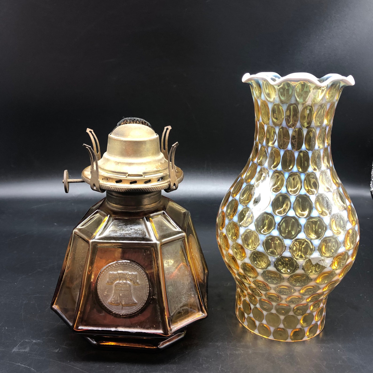 Vintage Fostoria Coin Oil Lamp, Amber Color, American Eagle Theme Base ...