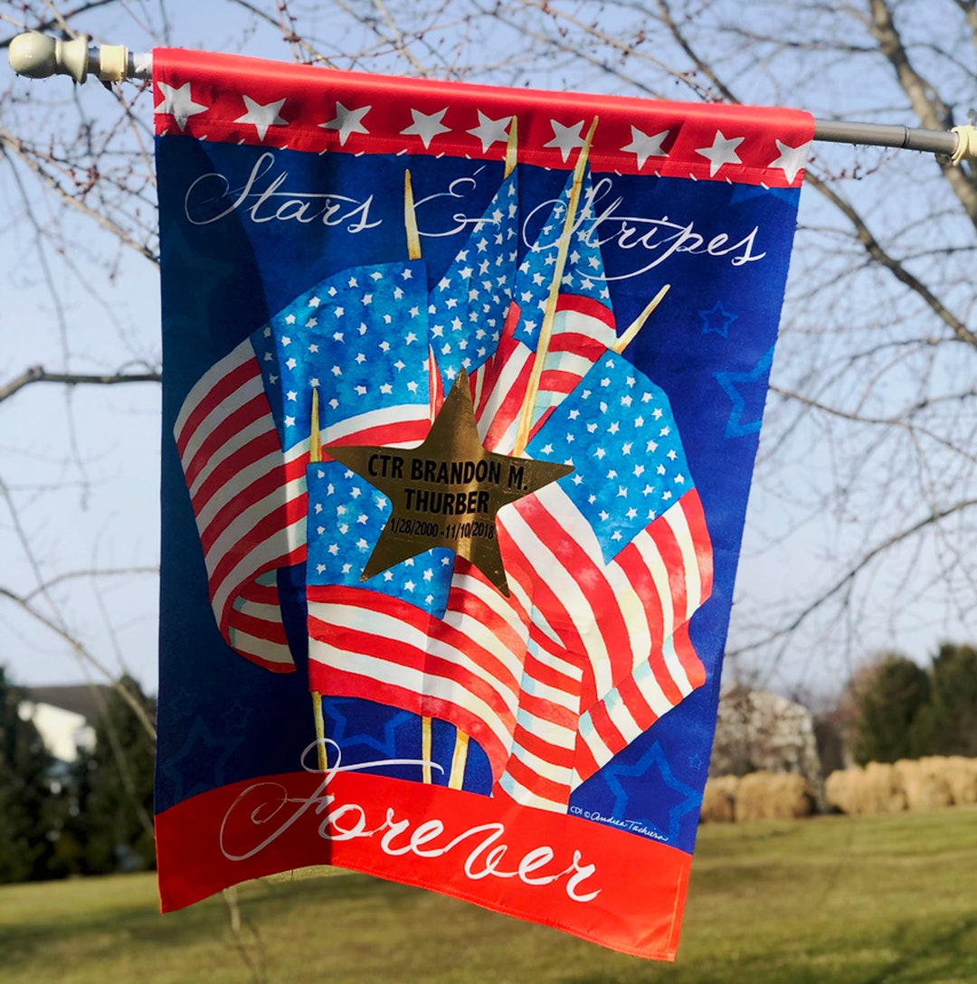 Large Stars and Stripes Forever Flag 28”x40”. Rank, Name and Dates ...